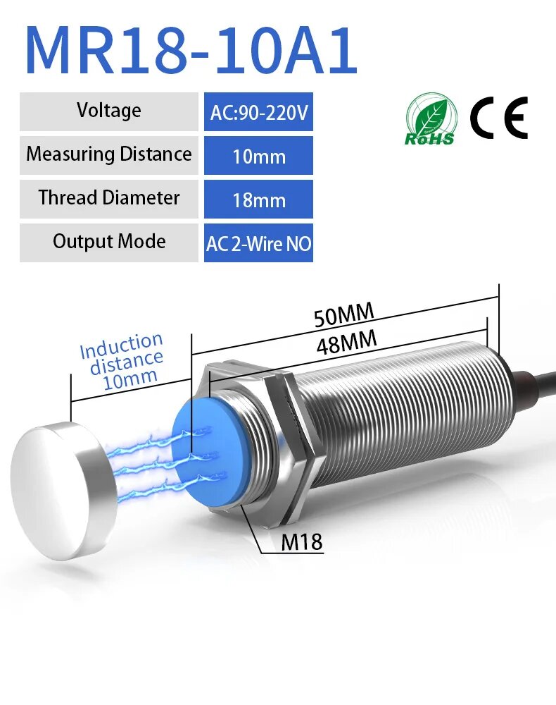 Индуктивный датчик MR18-10A1, 10мм, M18, AC 90-220V