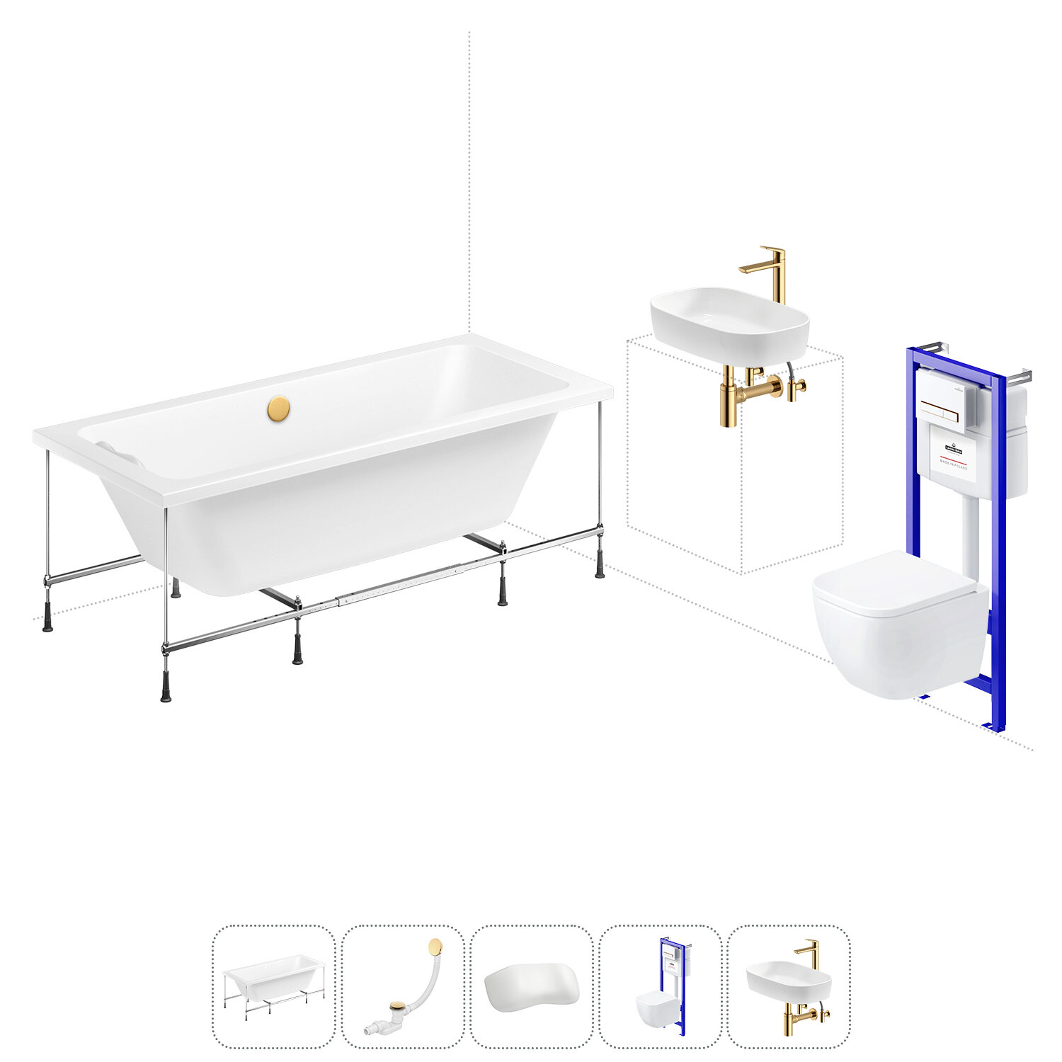 Акриловая ванна 170x75 с каркасом Lavinia Boho Pure 20221308R в наборе 6 в 1: ванна, ножки, слив-перелив, подголовник, унитаз в комплекте, раковина в комплекте