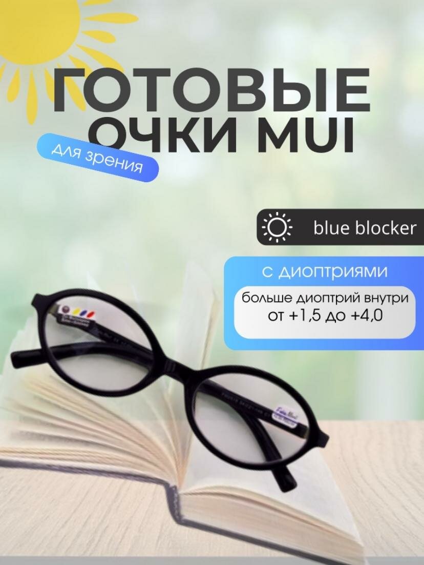 Готовые очки с фотохромными линзами, miu, оптическая сила +1.50, чёрные, овальные, пластик