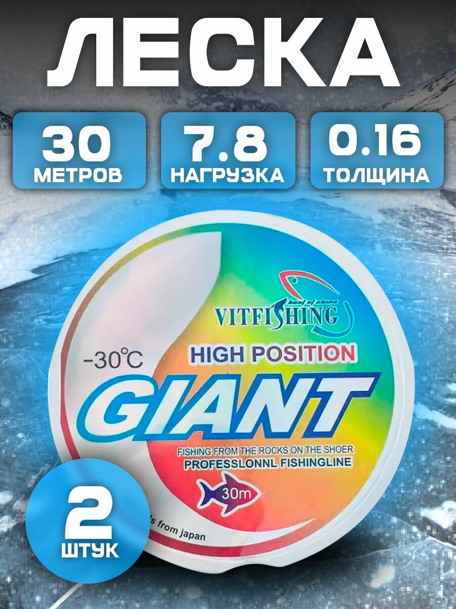 GIANT леска для зимней рыбалки 0.16 мм. 7.8 кг. 30 м. В наборе 2 штуки