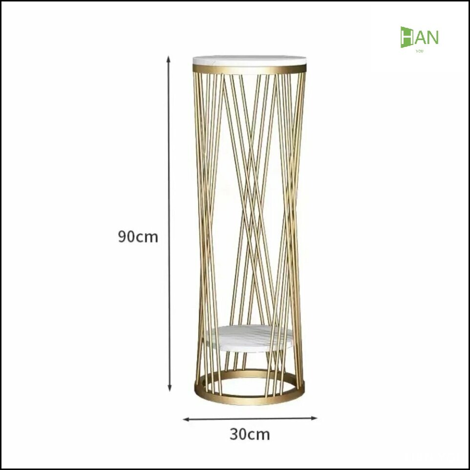 Эксклюзивная круглая консоль 30x30x90 см из искусственного камня с золотистой полкой
