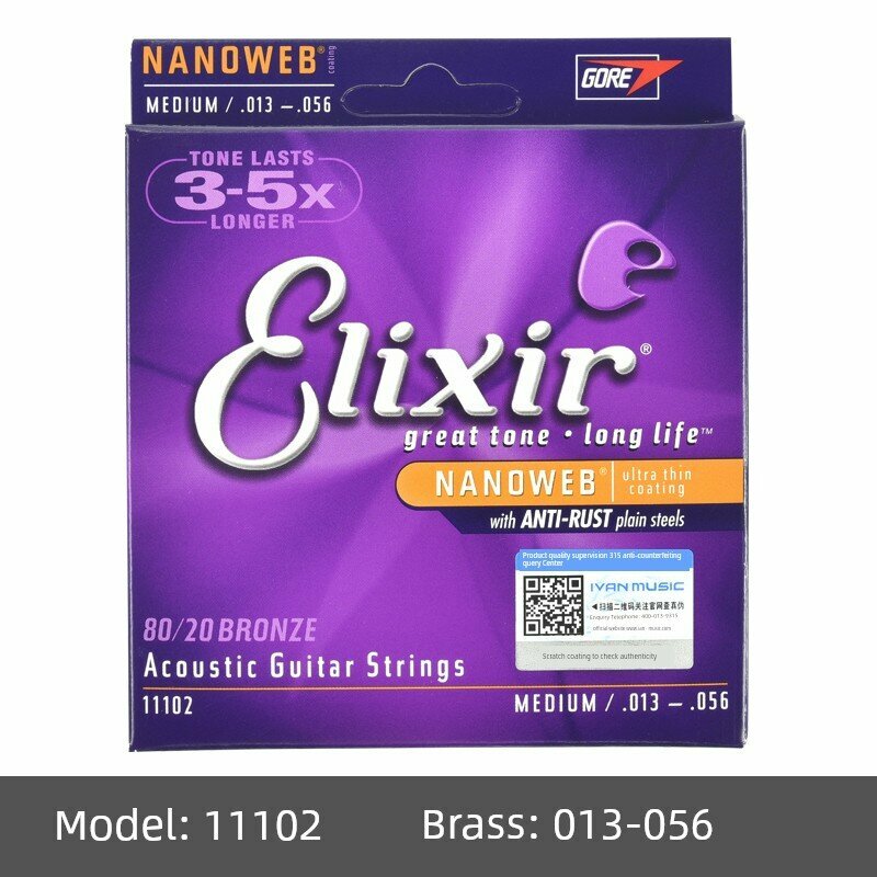 Elixir Bronzovye Tонkoe Pokrytye Akusticheskie Gitary Stroki Komplekt 13-56 Mera Rasshirennyy Diapazon dlya Basa