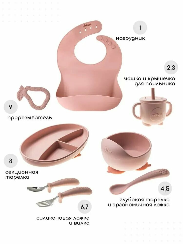 Набор детской посуды для кормления, Miyoumi, силиконовый 9 предметов