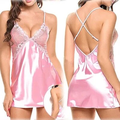 Розовая атласная ночная сорочка Babydoll