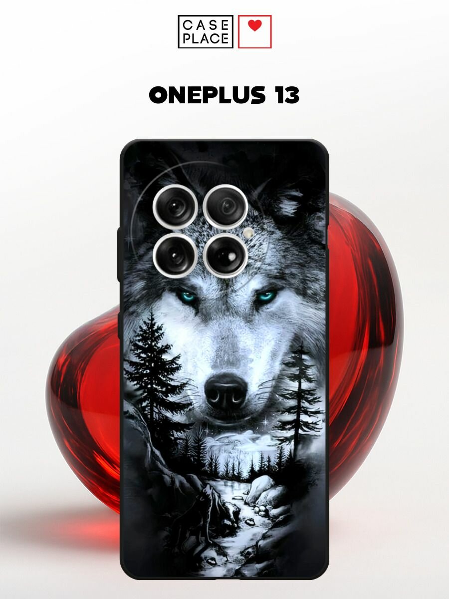 Черный матовый чехол на OnePlus 13 / Ван Плас 13 с принтом Волк в зимнем лесу