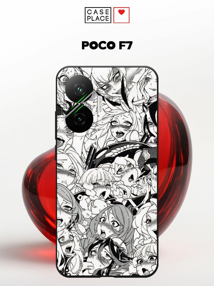 Черный матовый чехол на Poco F7 / Поко Ф7 с принтом Ахегао манга тян