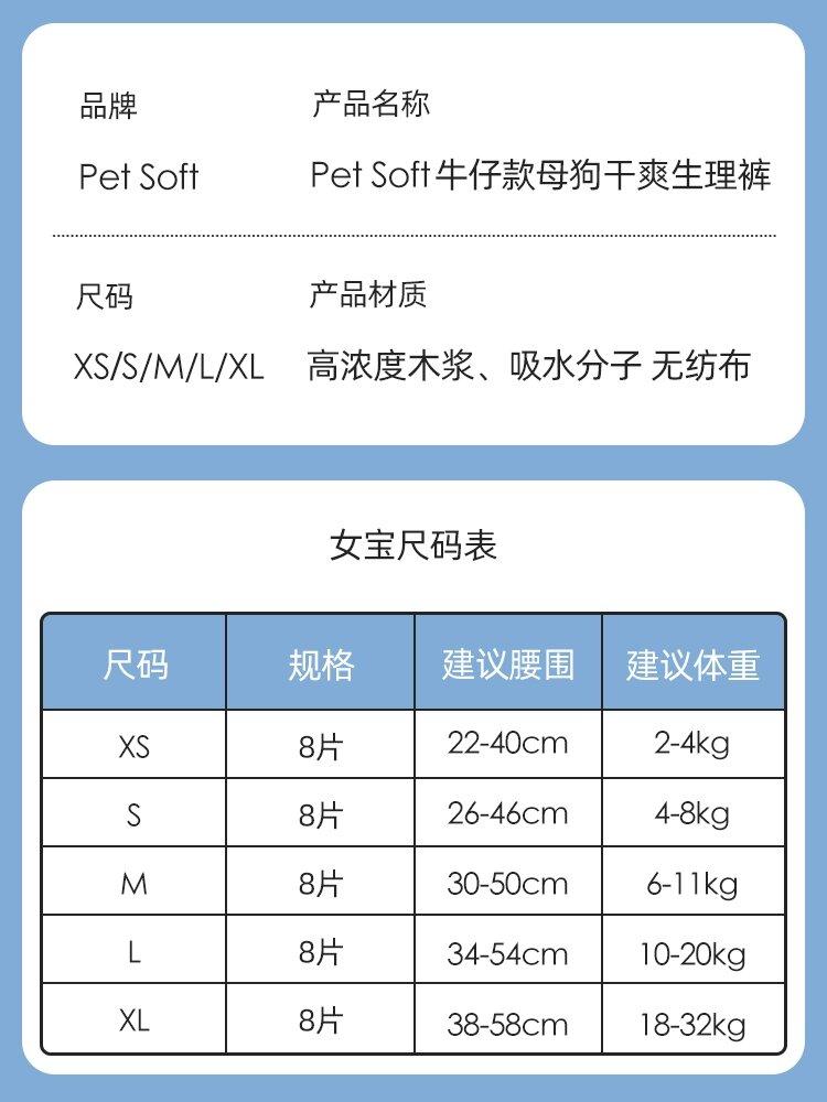 Petsoft Денимовые подгузники для собак, размер XS, обхват талии 22-40 см, удобная посадка для пород-компаньонов