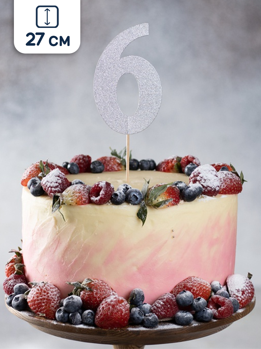 Топпер Riota "Цифра 6", для торта, дерево, серебристый, 27 см