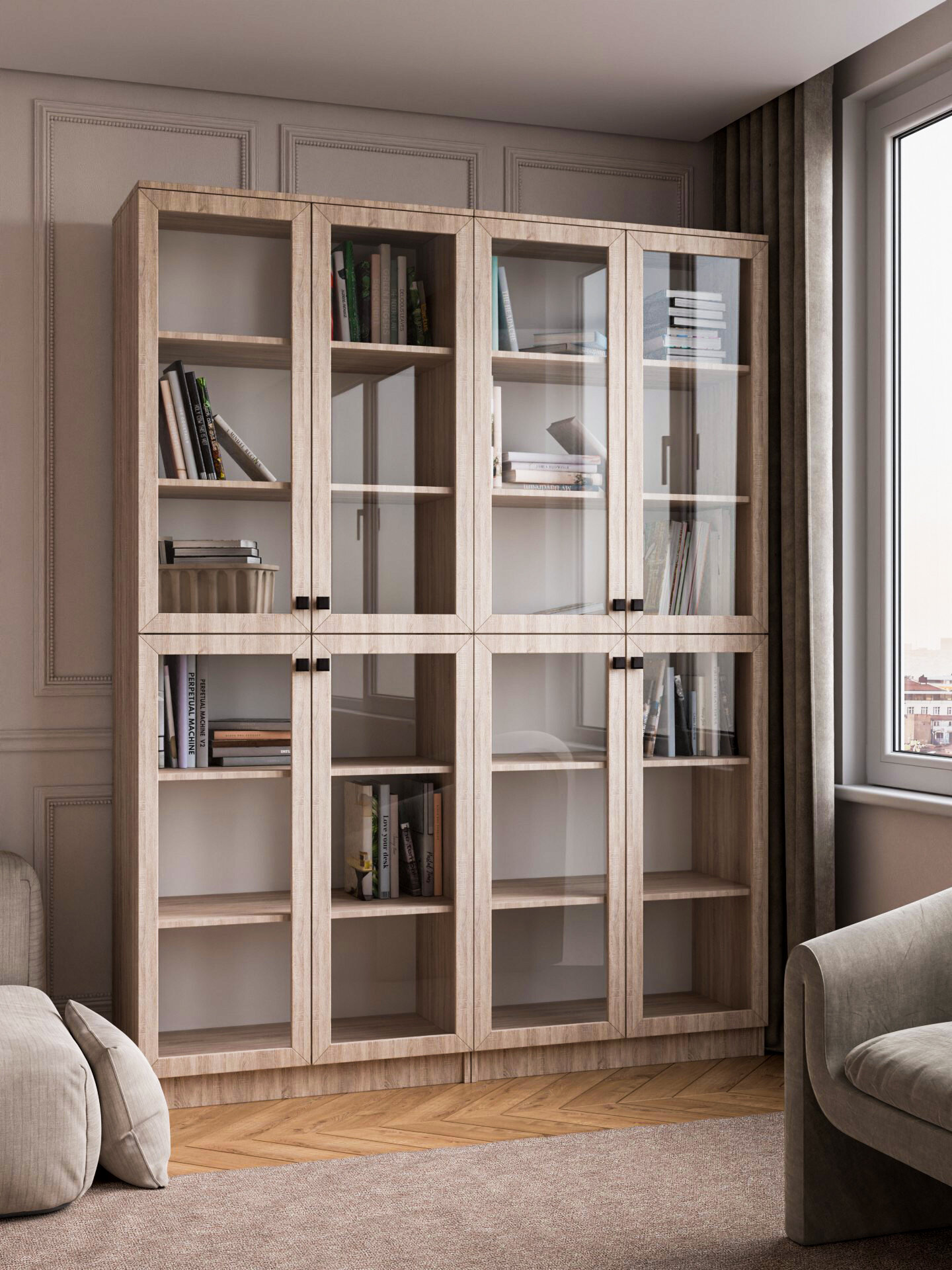 Шкаф-витрина Вест 4.2, 136х38х210 см, со стеклянными дверцами, шкаф для книг, с полками, дуб сонома