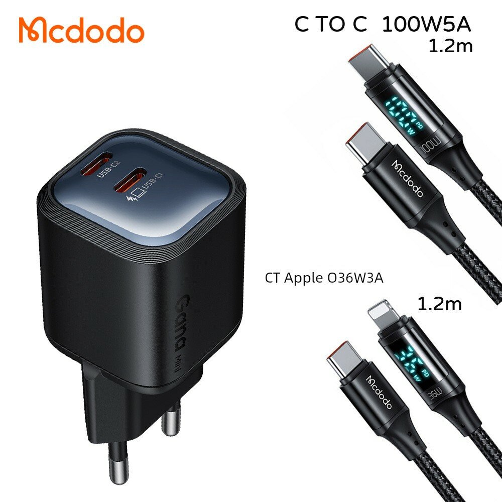 45W GaN двойное USB-C зарядное устройство евроштепсель, черный с двумя кабелями и дисплеем для iPhone