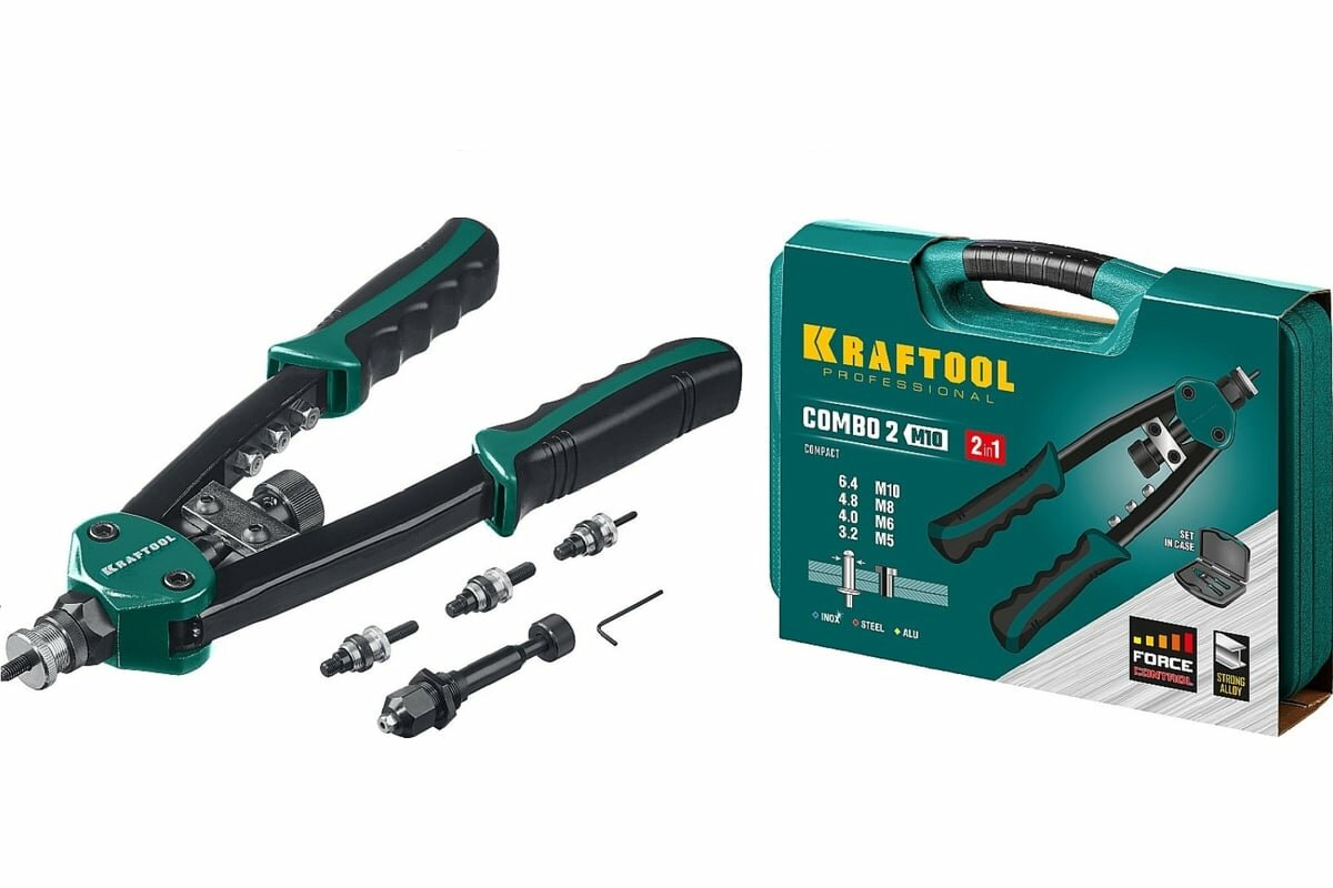 KRAFTOOL Combo2-M10 Заклепочник комбинированный двуручный в кейсе , резьбовые заклепки М5-М10, 31181