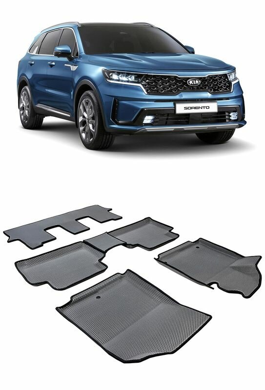 Ева коврики Kia Sorento IV 7мест пресс борта 2020 -/ Ева ЭВА сота/ цвет Черный c черной окантовкой / EVA Smart / коврики в салон автомобиля Киа