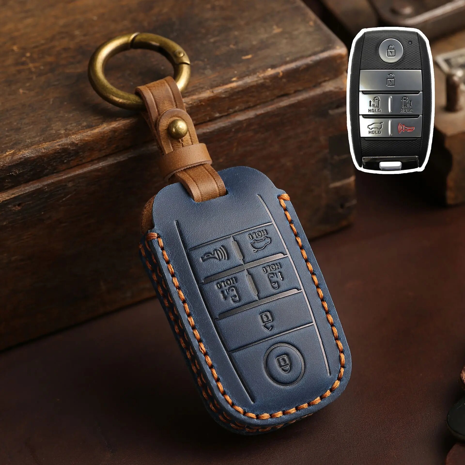 Кожаный чехол для ключа Kia Sedona, Carnival, Sorento, синий