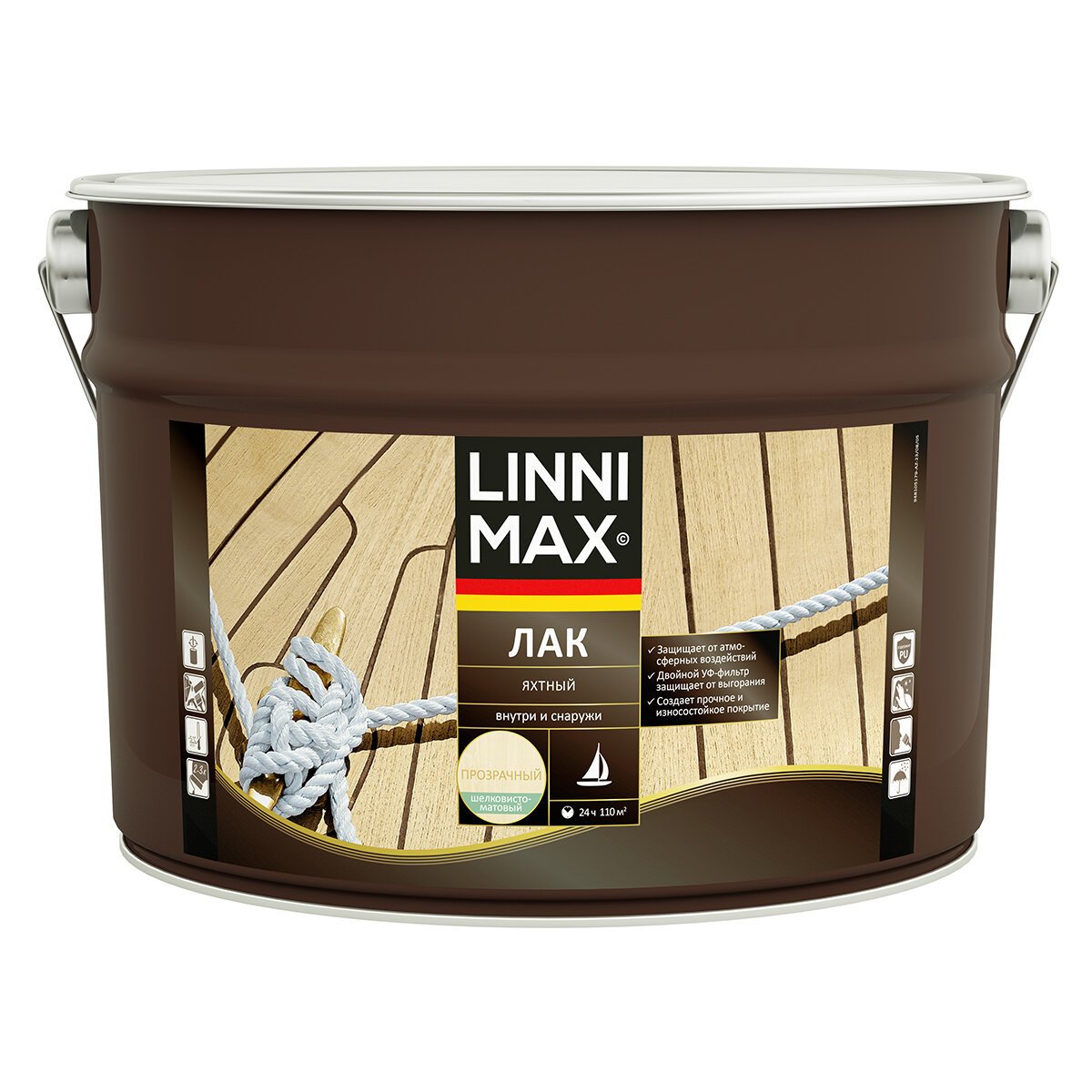 Лак яхтный Linnimax алкидно-уретановый, шелковисто-матовый, объем 9 л 948105183