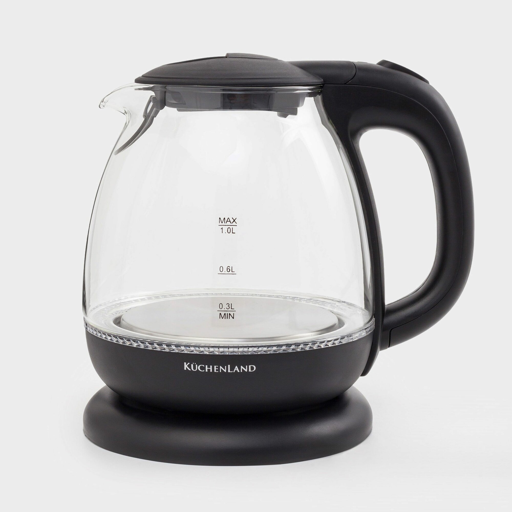 Чайник электрический, 1 л, 900-1100 Вт, стекло Б/пластик, с подсветкой, черный, Progress plus, Kuchenland
