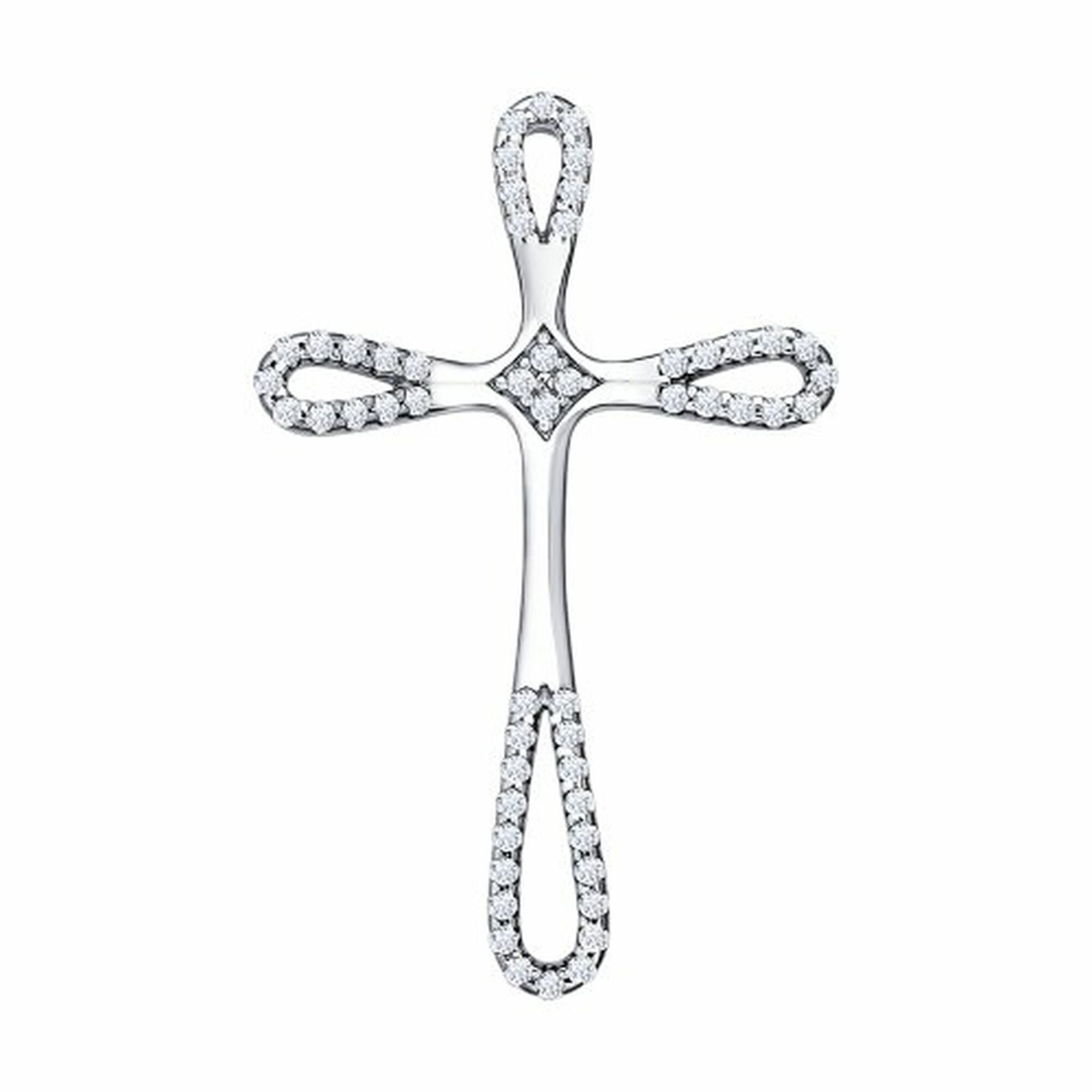 Крестик, серебро, 925 проба, родирование, фианит