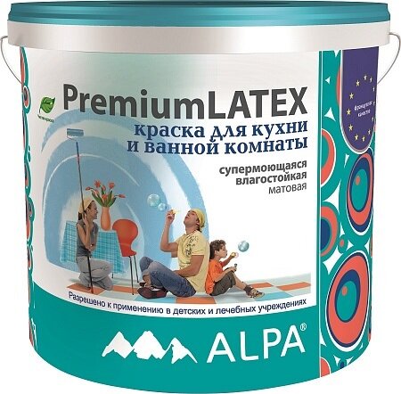Краска для Кухонь и Ванных Комнат Alpa PremiumLatex 10л Белая, Супермоющаяся, Влагостойкая / Альпа Премиумлатекс.