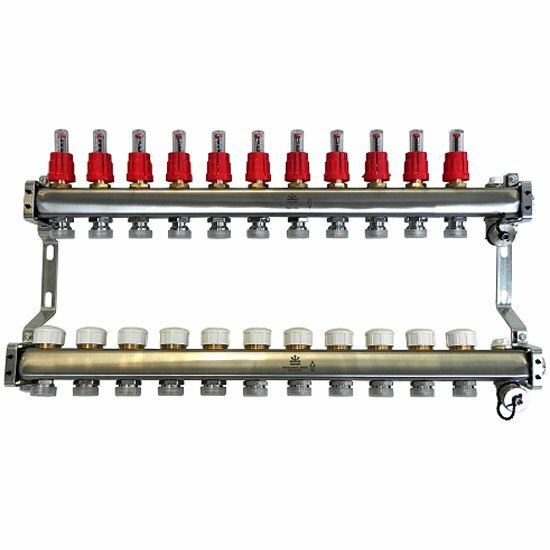 Коллектор Gekon 1"x3/4"EU, отв.-11 (в комплекте термостат, расходомер, воздухоотводчик)