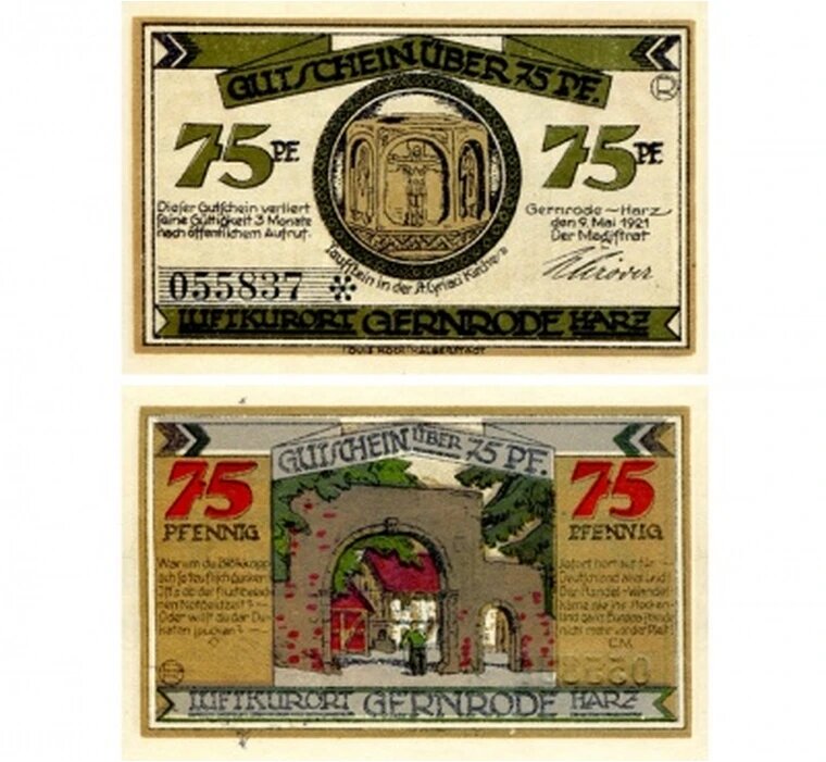 Нотгельд 75 пфеннигов 1921 Германия, Гернроде, сувенирная копия, банкноты и купюры редкие коллекционные