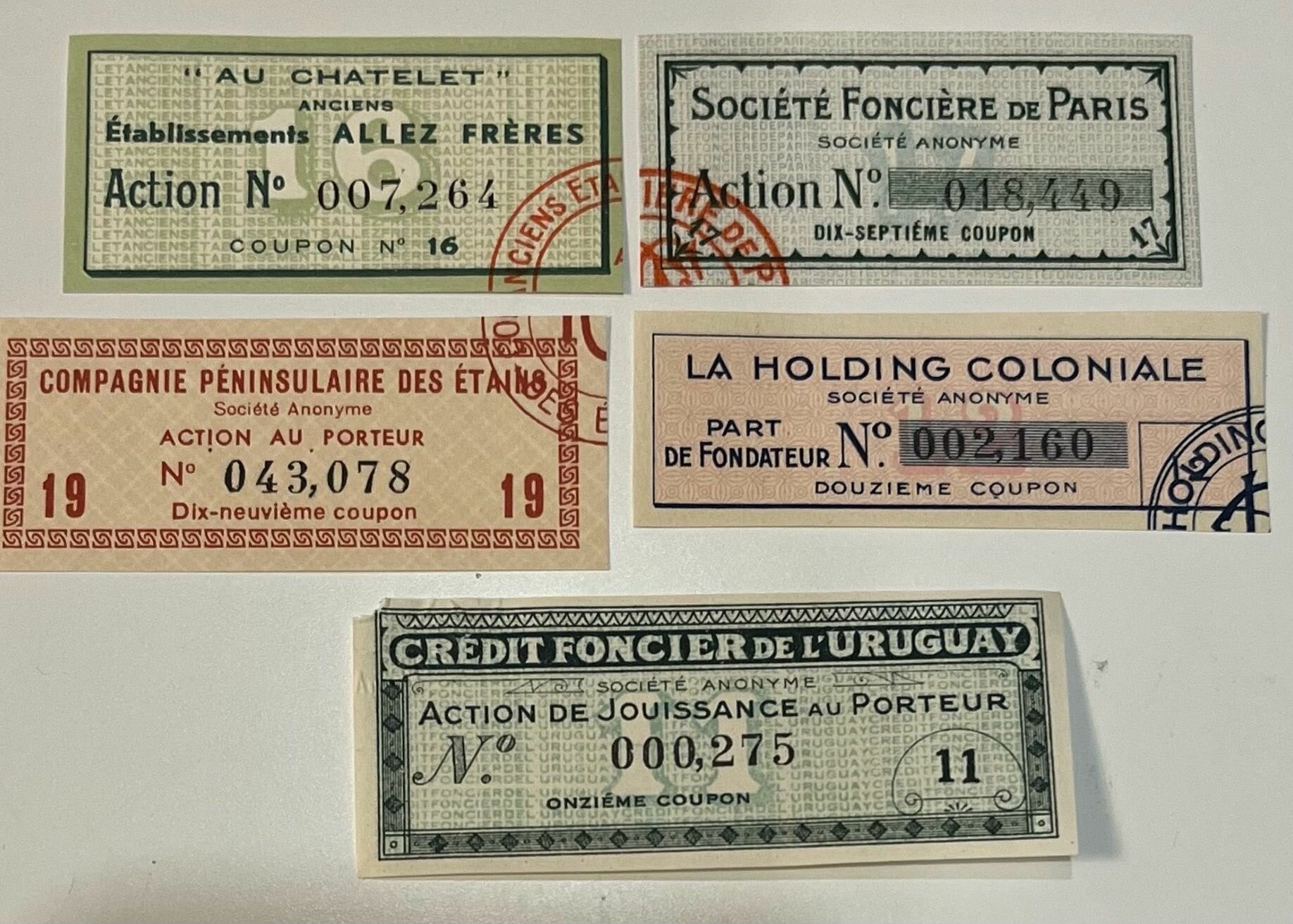 Коллекция купонов от акций иностранных компаний 20 века; 5 штук