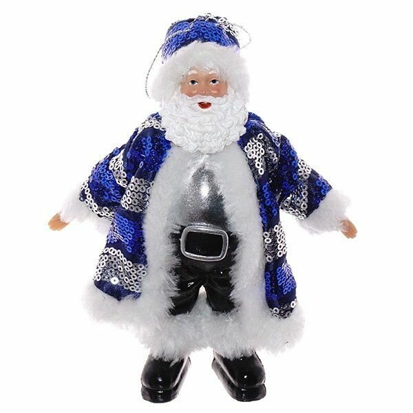 Елочная игрушка дед мороз в синем кавтане с ремнем (для большой елки). L11 W4 H16 см.