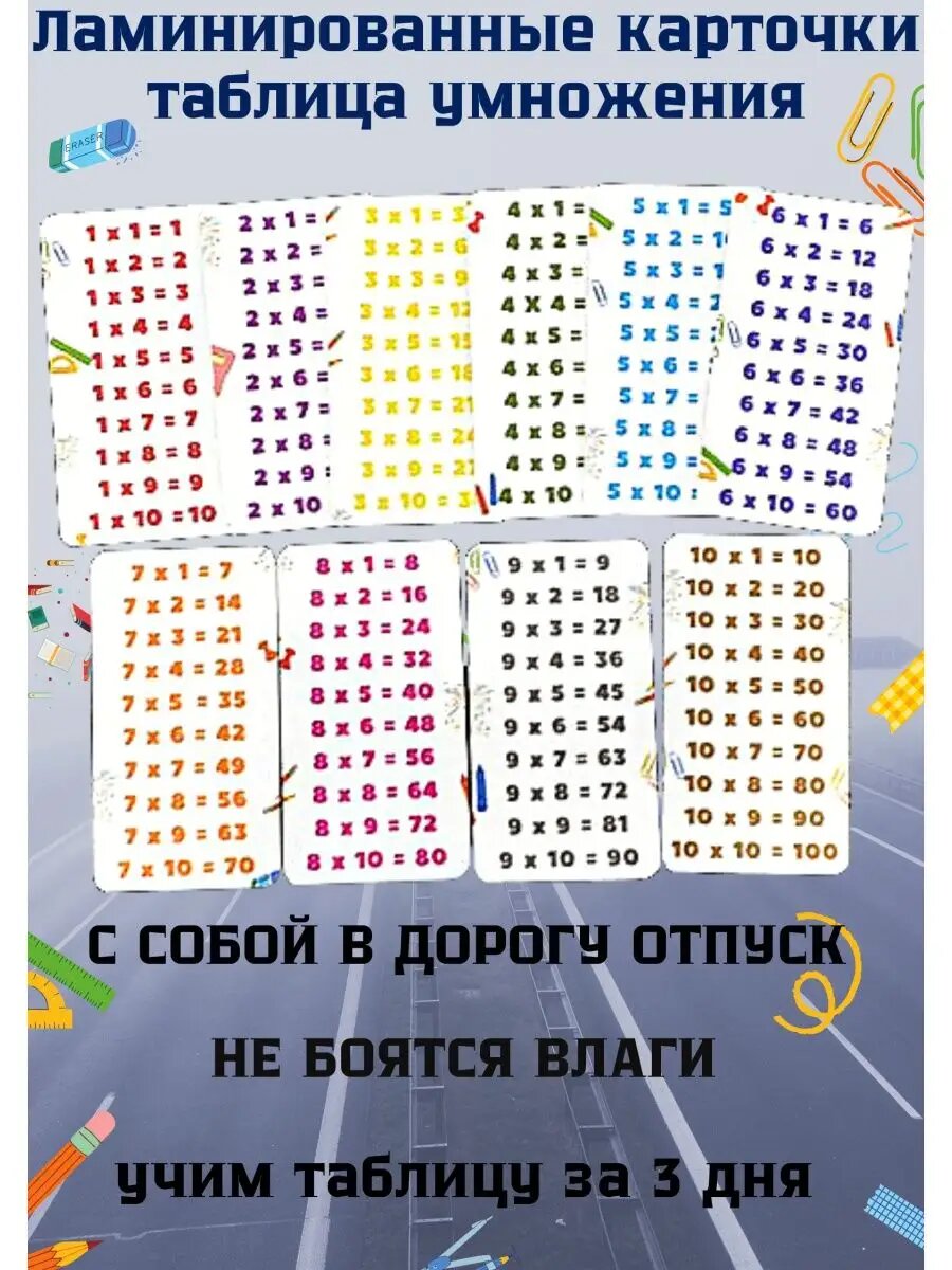 Карточки "Таблица умножения", развивающие, ламинированные, 10 шт.