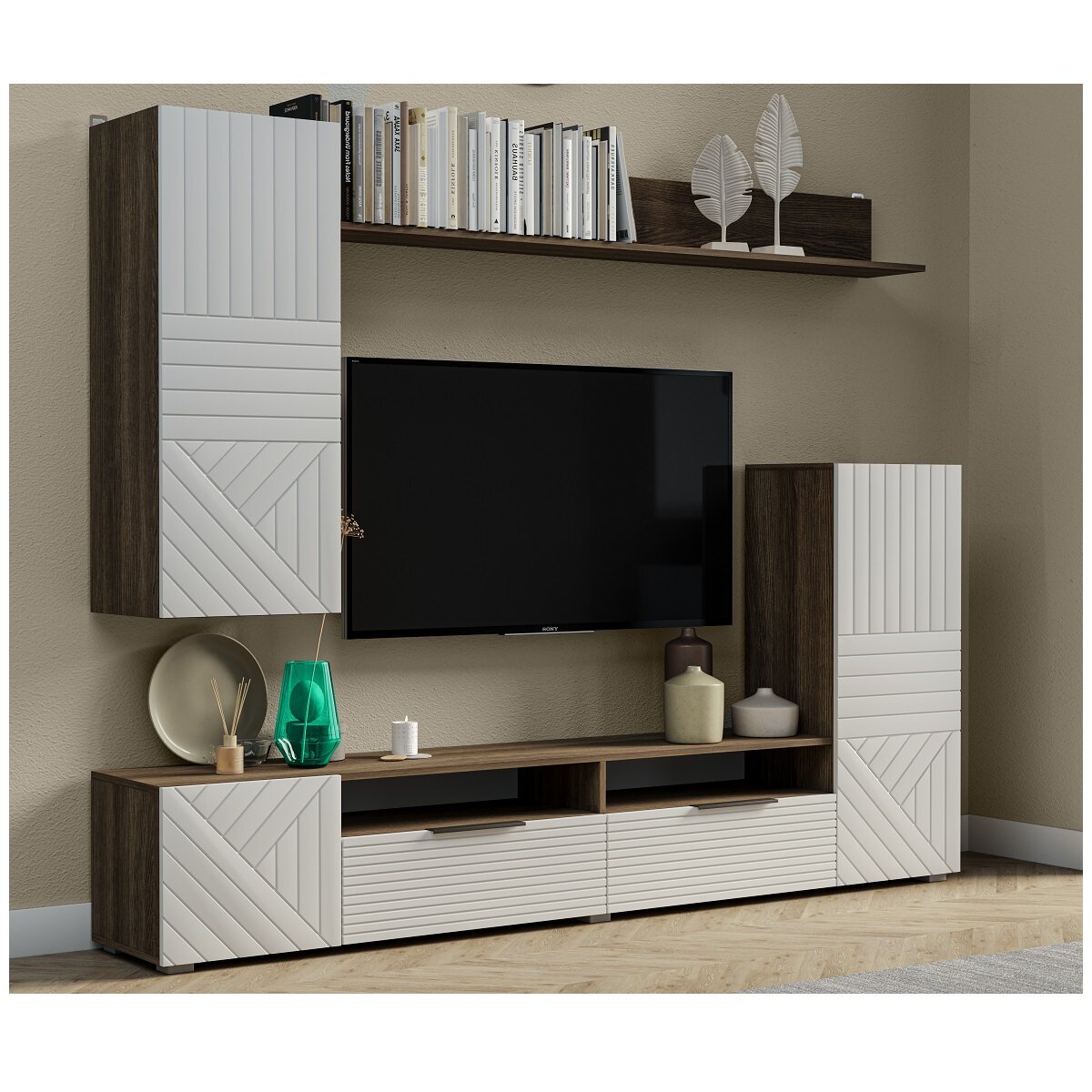 Гостиная Палау, скандинавский стиль, на ножках, Табак/Белый софт, 223х42,6х220 см