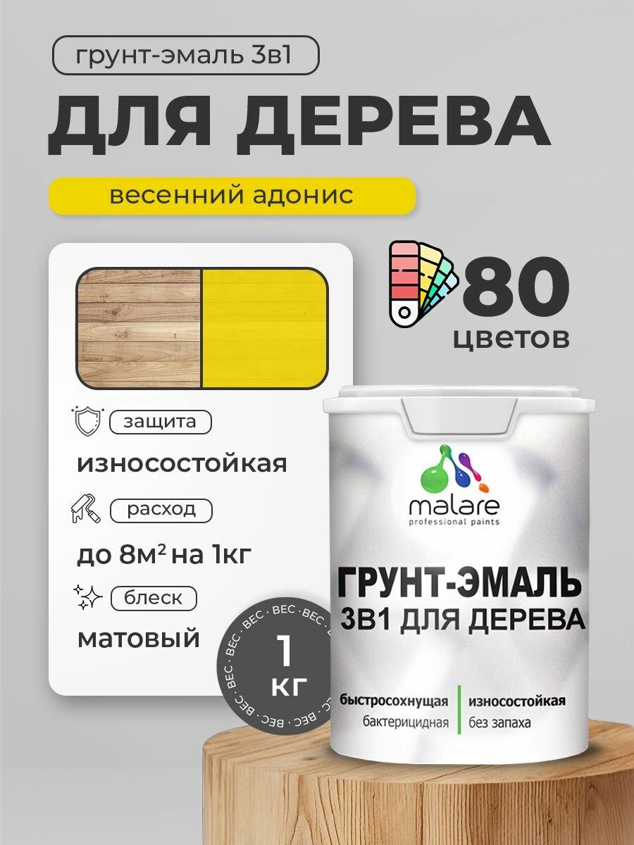 Акриловая Грунт-Эмаль 3 в 1 Malare для деревянных поверхностей/ краска по дереву с антисептическим эффектом/ быстросохнущая моющаяся без запаха матовая, весенний адонис, 1 кг