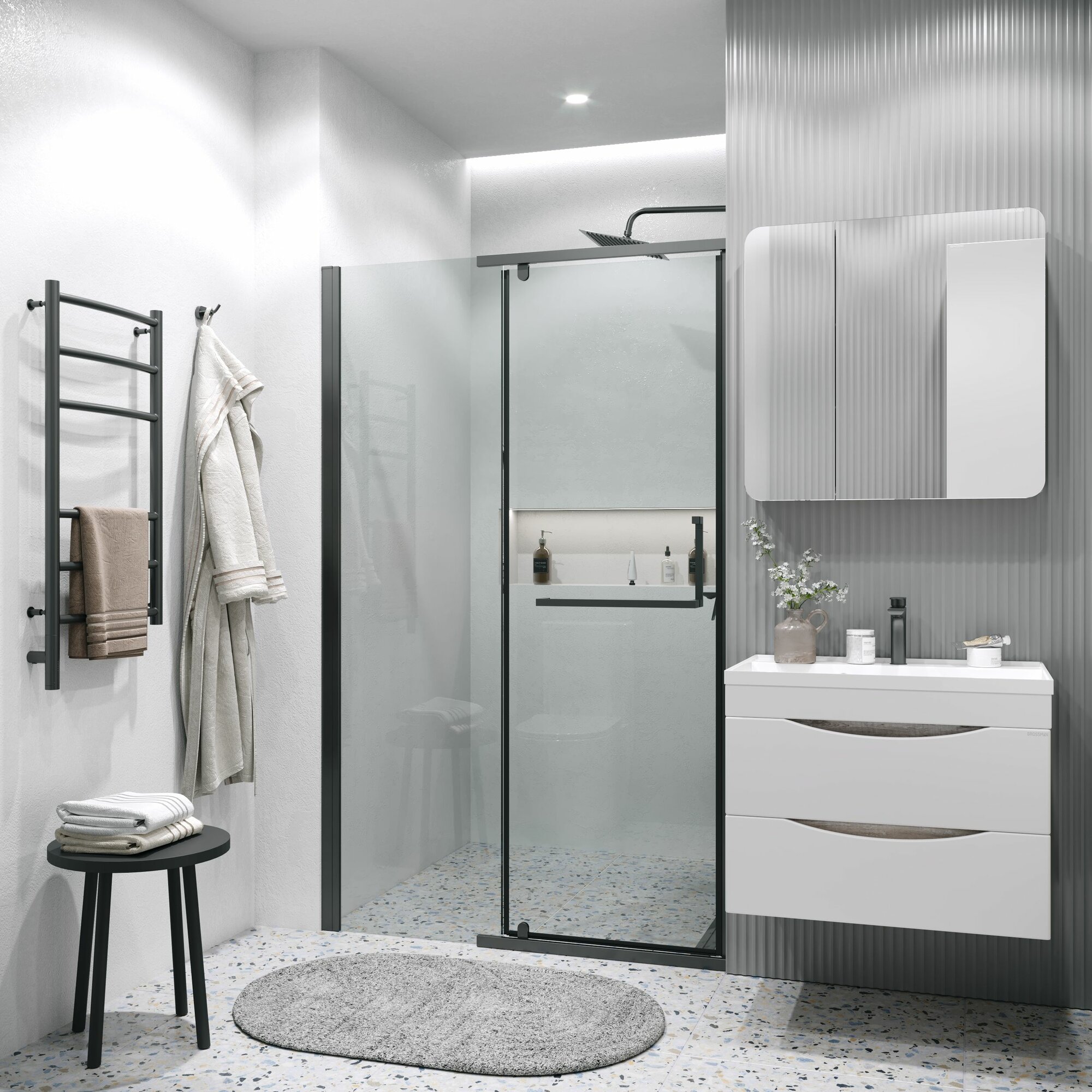 Дверь в нишу Grossman Pragma 100. K33.03.120.21.00 (120х195) черный матовый, стекло прозрачное, распашная, 1 место