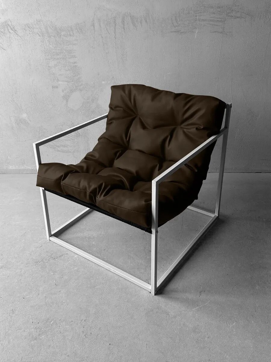 Кресло для отдыха Лофтовик Комфи + коричневая экокожа, белый металл