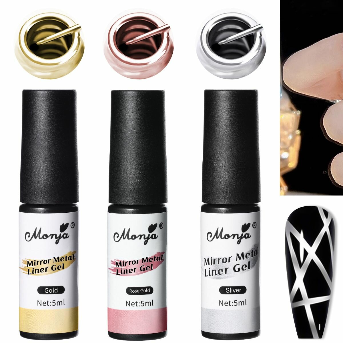 Гель краска для ногтей металлик, серебро, хром, зеркальный эффект. 5 мл на бутылку, 3 бутылки, Monja