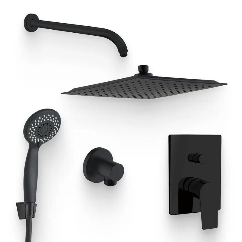 Душевой комплект Смеситель Aquanet Static AF330-51B С внутренней частью, чёрный + Душевая лейка AF000-07B чёрная матовая + Подключение AF330-92B чёрное матовое + Душ AF330-84-S250B черный матовый + Кронштейн AF330-91B чёрный матовый
