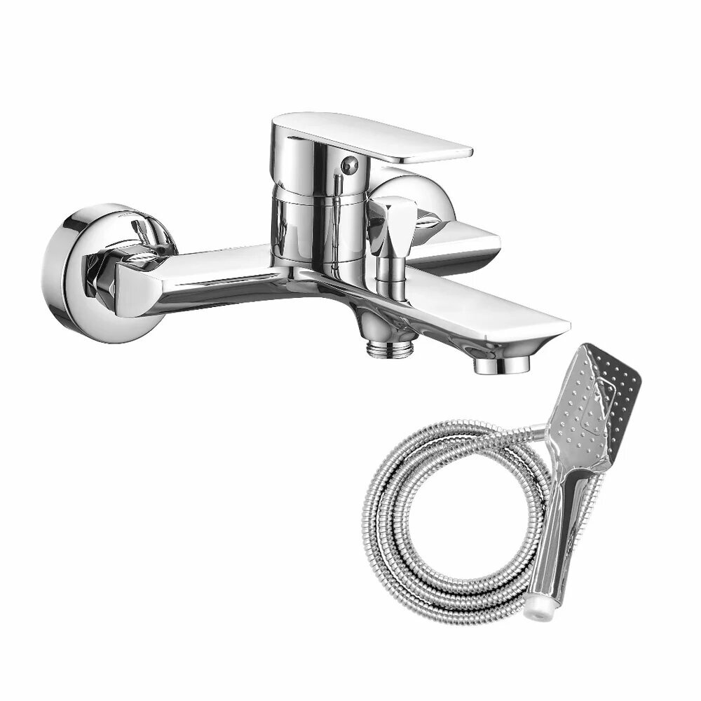 Смеситель для ванны с душем Olive'S Nensa NS16201 с душевым гарнитуром, настенный, однорычажный, хром, глянцевый, латунный, с керамическим картриджем