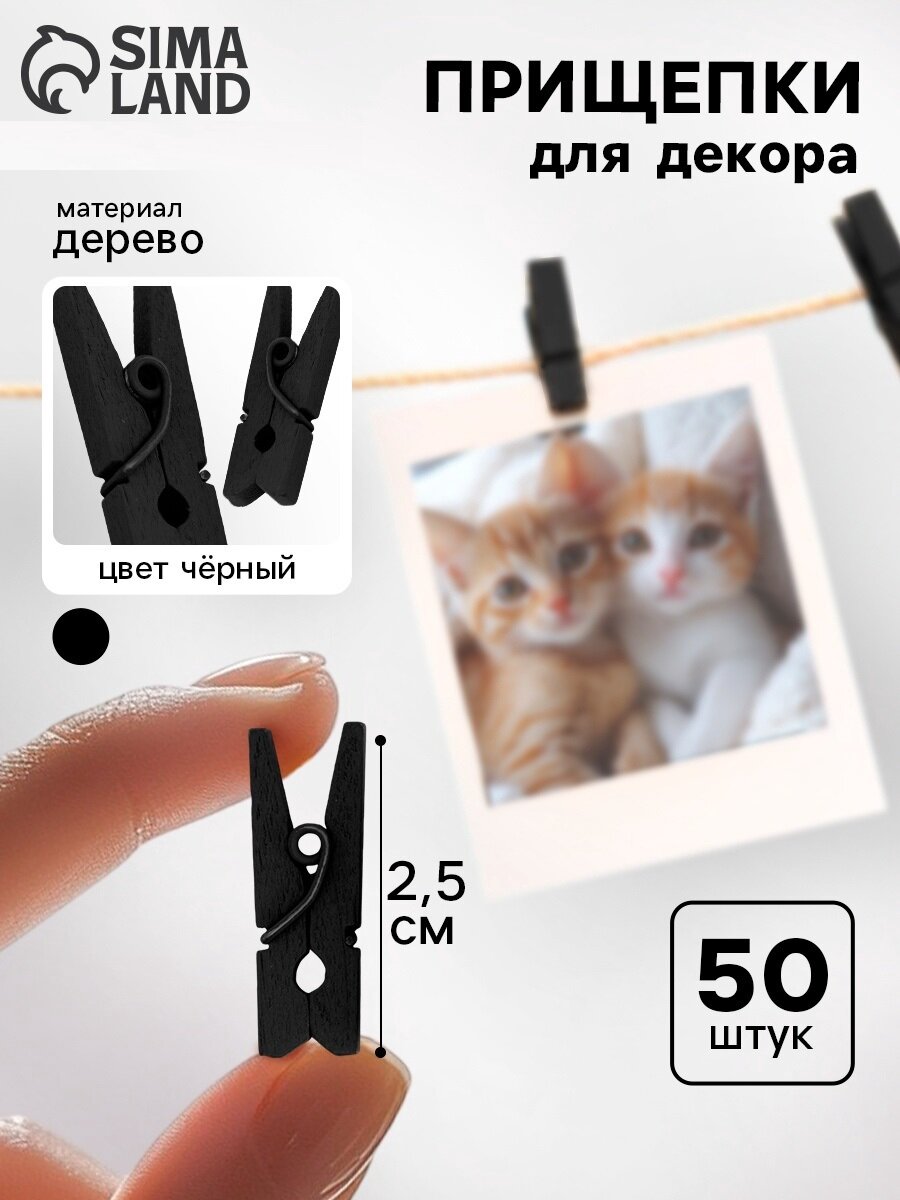 Набор прищепок для декора 50шт чёрные 2,5 см, деревянные, Школа талантов