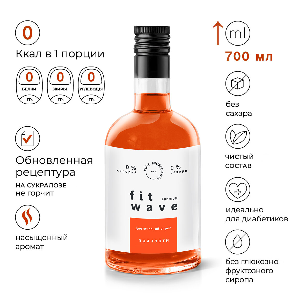 Сироп диетический без сахара низкокалорийный FitWave Пряности 700 мл. для кофе