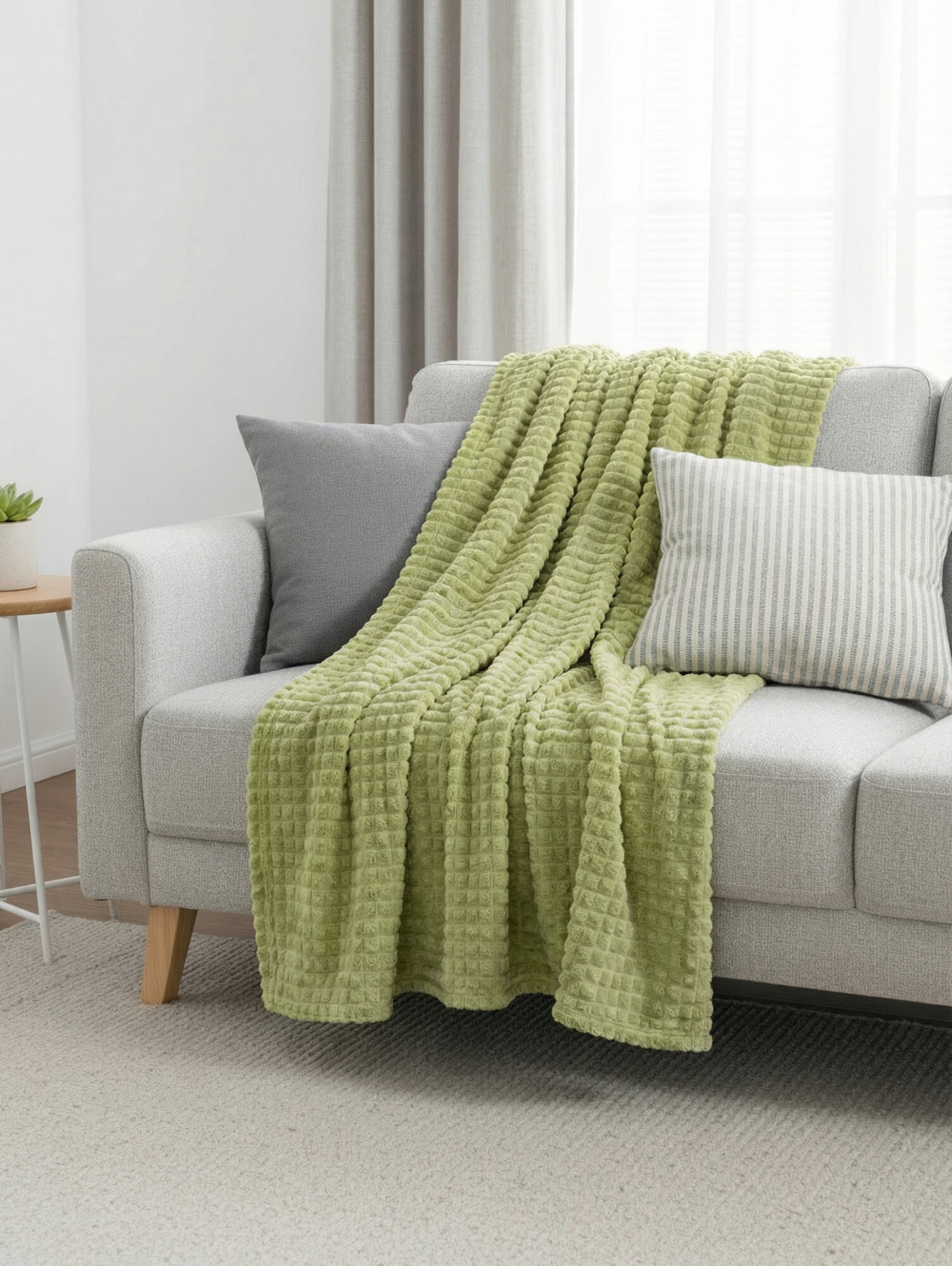 Плед Кубик зеленый Велсофт 200х220, хаки, плед-покрывало евро