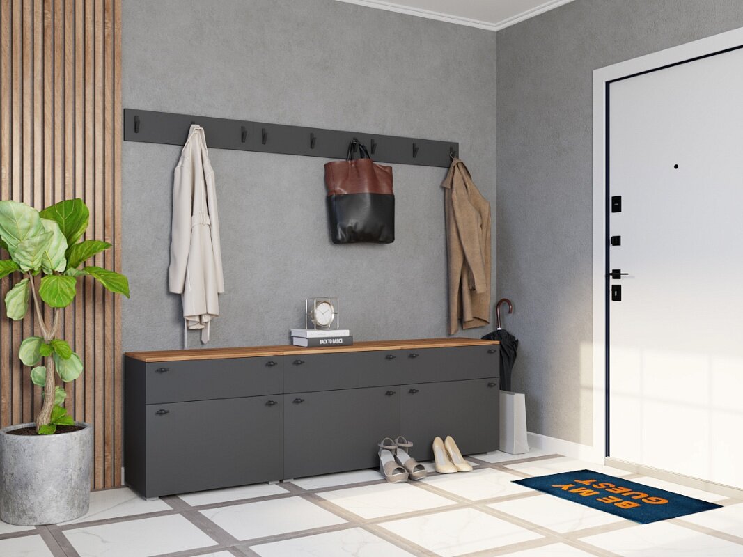 Прихожая МебельЛэнд24 Квели - 3 Графит 195x35x180 серый с тумбой с вешалкой