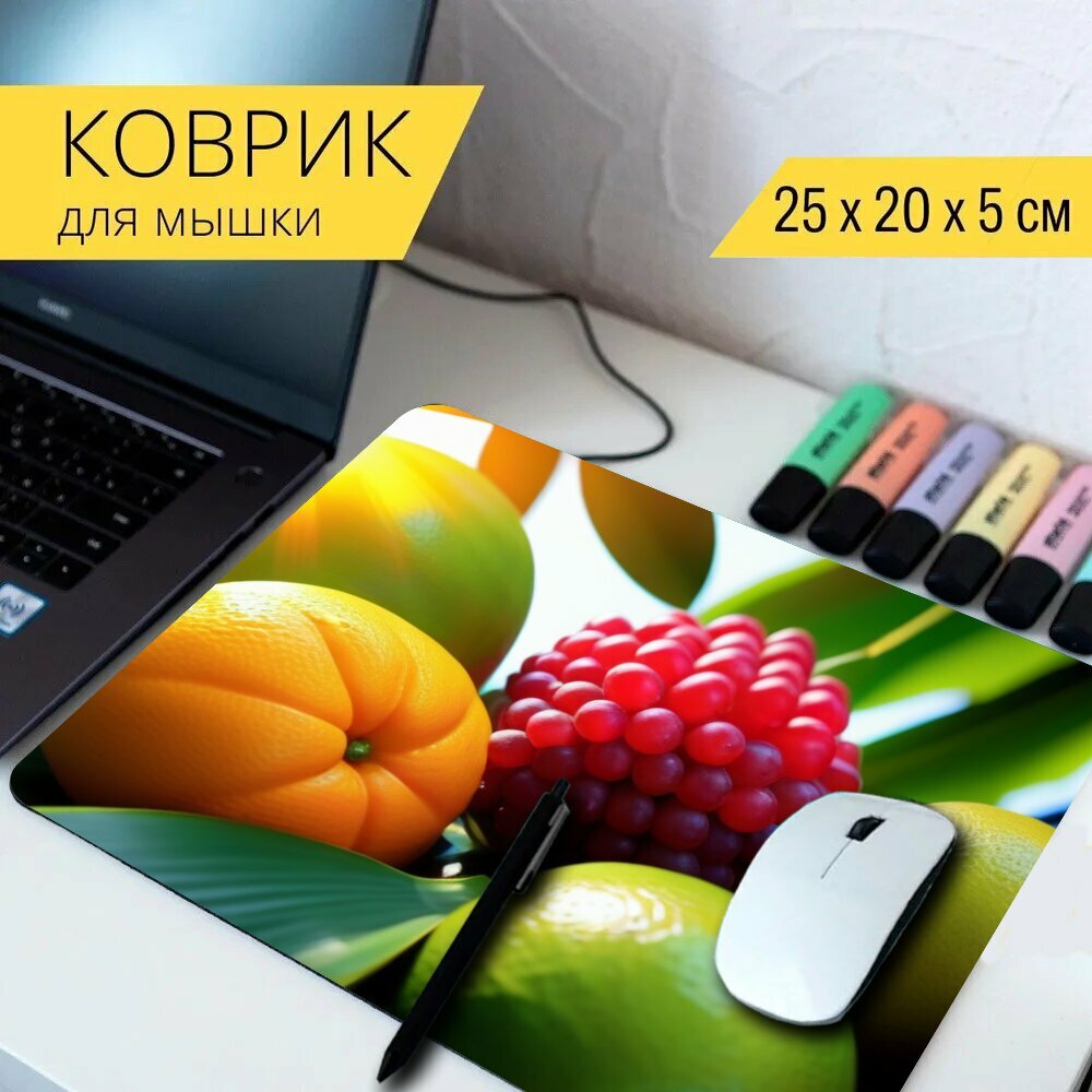 Коврик для мыши с принтом "Яркие тропические фрукты на фоне яркого солнца" 25x20см.