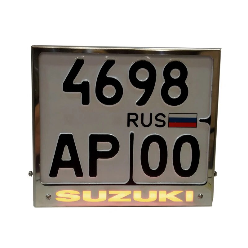 Рамка для номера, для мотоцикла с надписью Suzuki и LED подсветкой. Нержавеющая сталь
