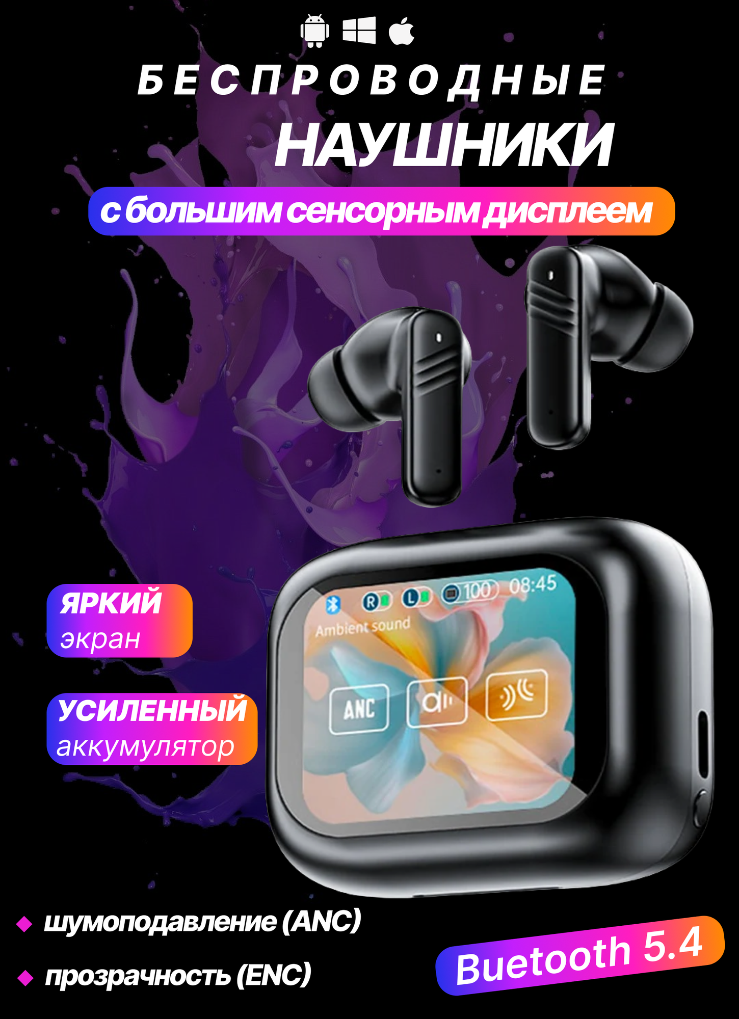 Беспроводные наушники, блютуз наушники с дисплеем, наушники игровые, активное шумоподавление ANC, Чёрный