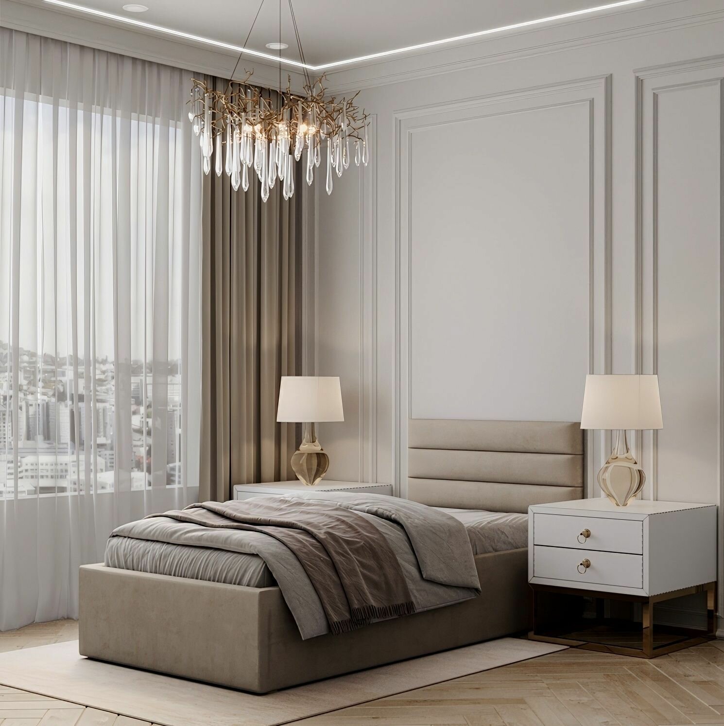 Кровать с матрасом 90х200 односпальная с подъемным механизмом, с ящиком для белья, бежевая