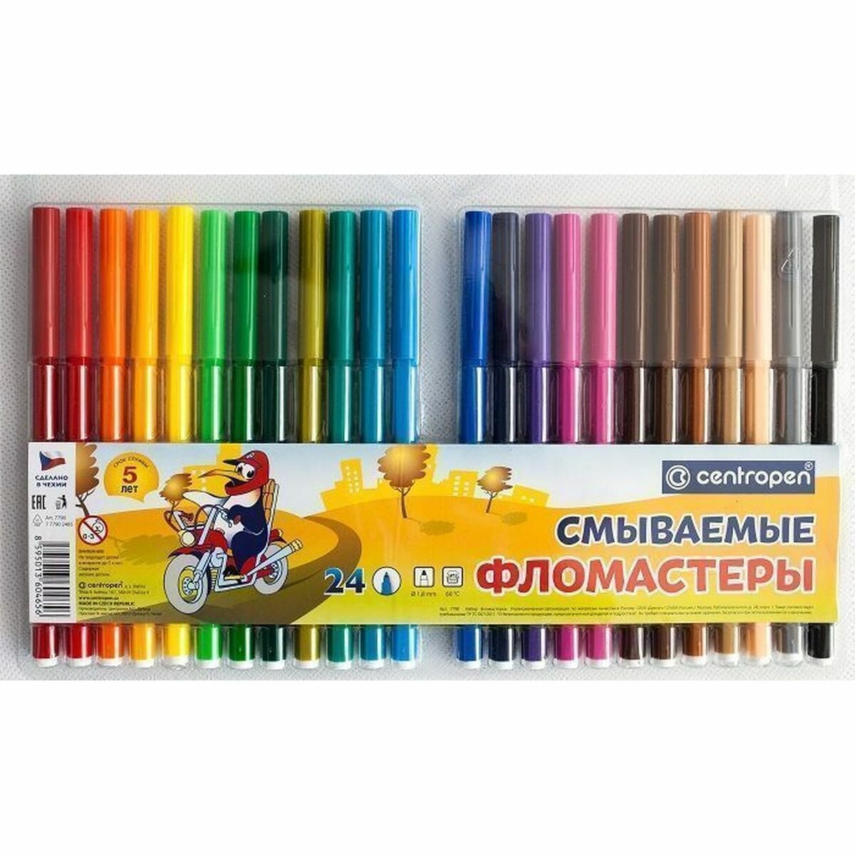 Набор фломастеров 24 цвета Centropen Washable (линия 1-2мм, смываемые, вентилируемый колпачок) блистер (7 7790 2485)