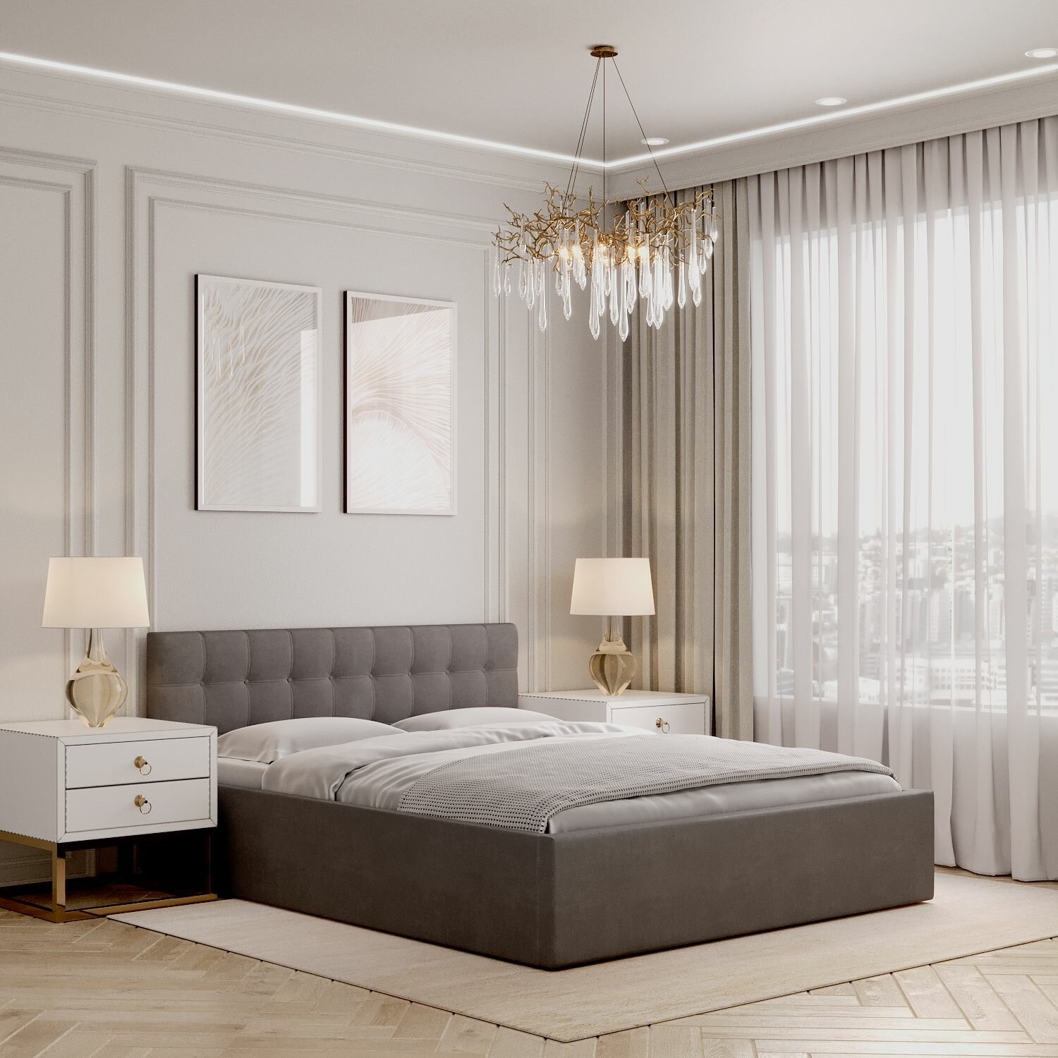 Кровать с матрасом 200х200 двуспальная с подъемным механизмом, с ящиком для белья, темно-серая