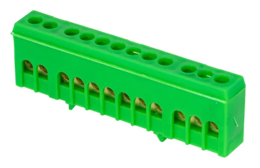 Шина EKF / ЕКФ PROxima 0 PE, зеленый изолированный корпус, контактная группа латунь, 12 отверстий, 6х9мм, DIN-рейка, 100А / соединитель проводов