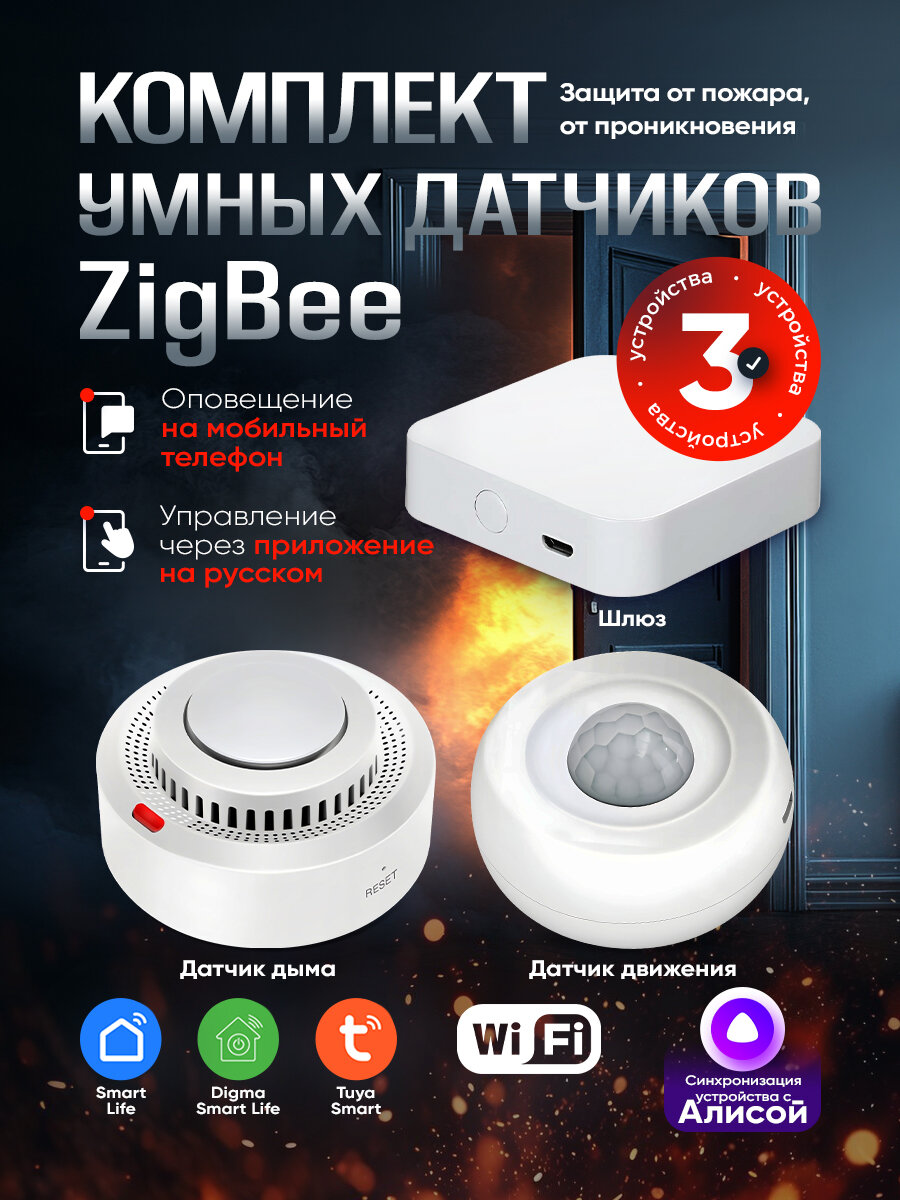 Набор умный дом, шлюз, датчики движения и дыма, Zigbee