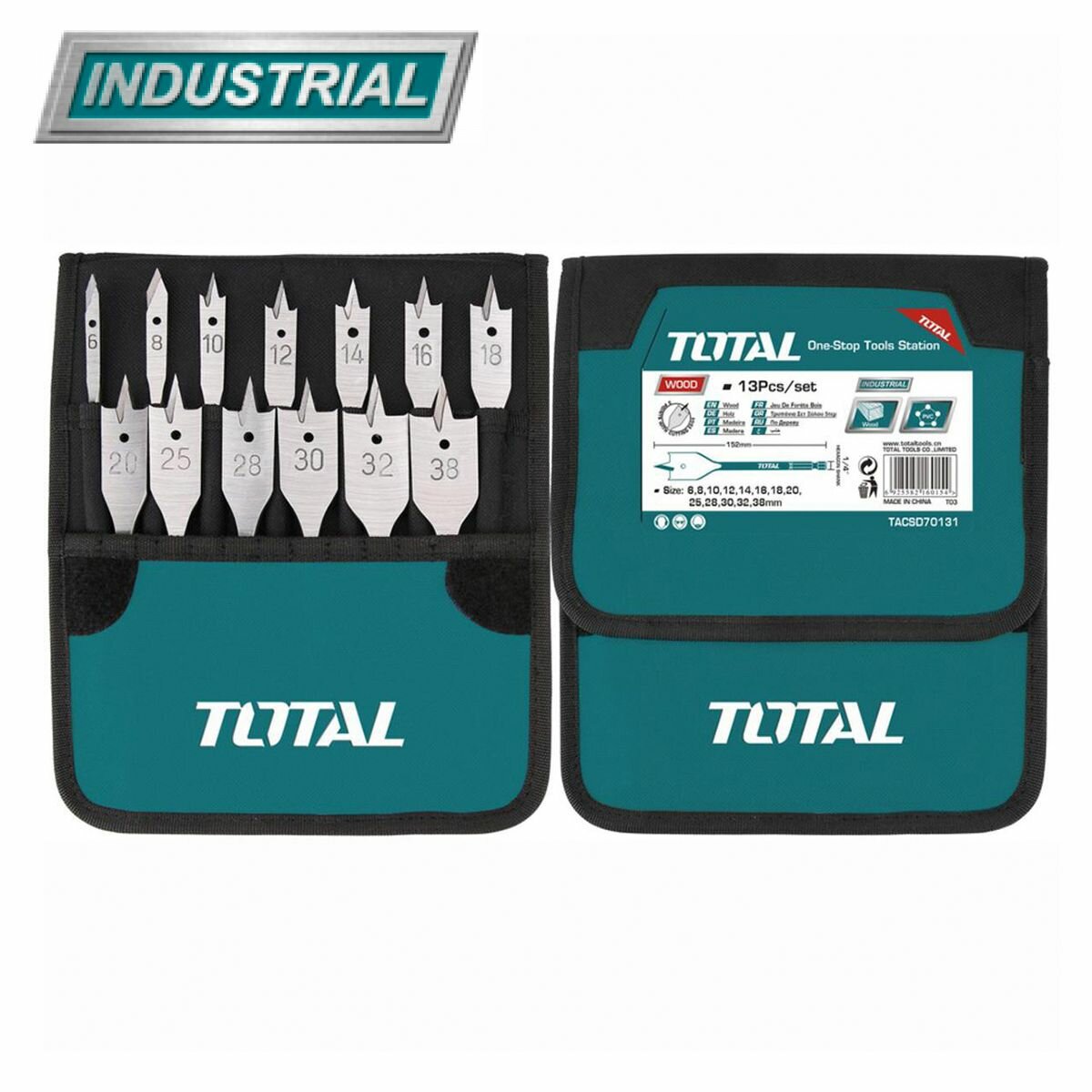 Набор сверл TOTAL, TACSD70131, быстрорежущая сталь, для дерева, 13шт, в матерчатой сумке
