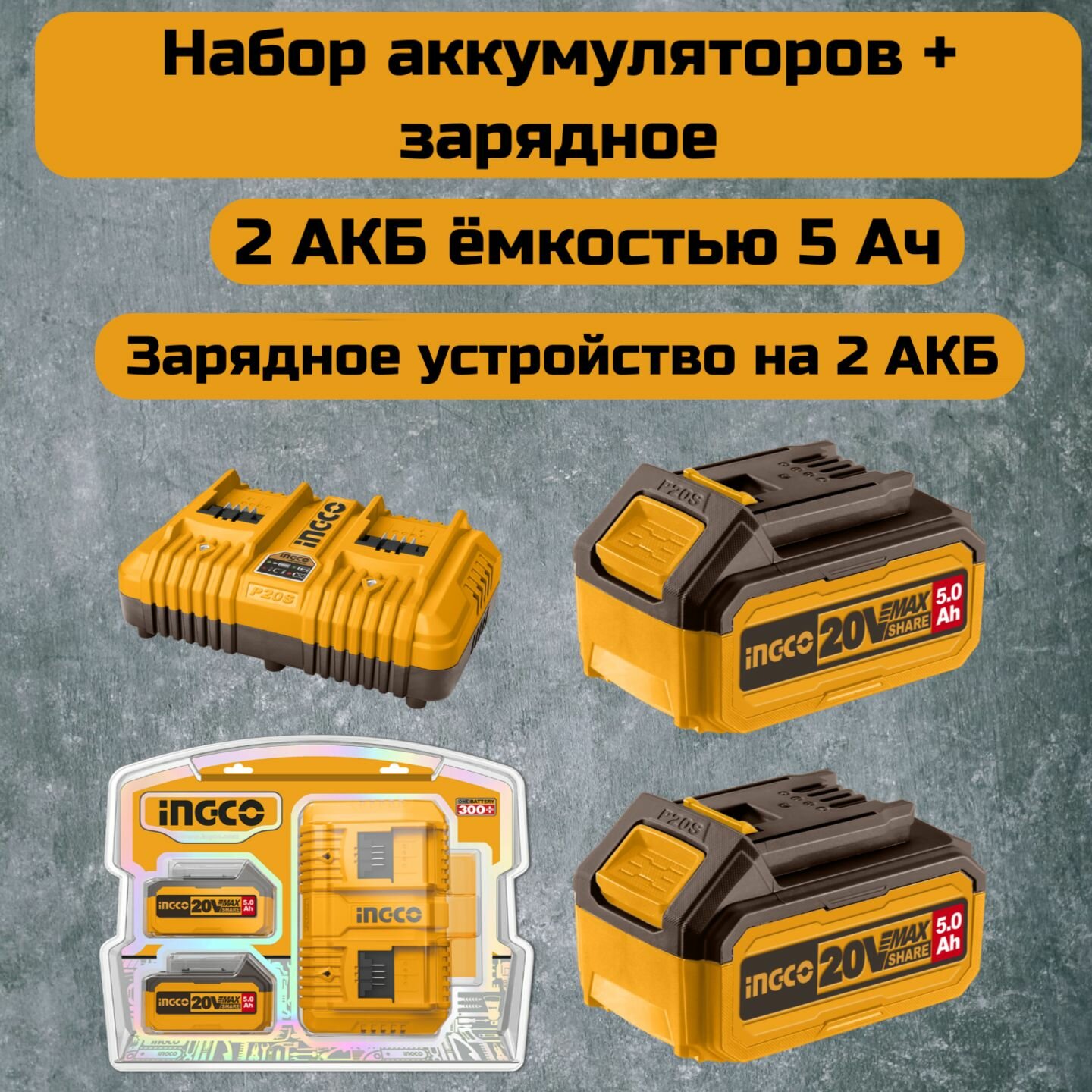 Набор аккумуляторов + зарядное (2 АКБ 5.0 Ач + З/У) INGCO FBCPK2425 INDUSTRIAL