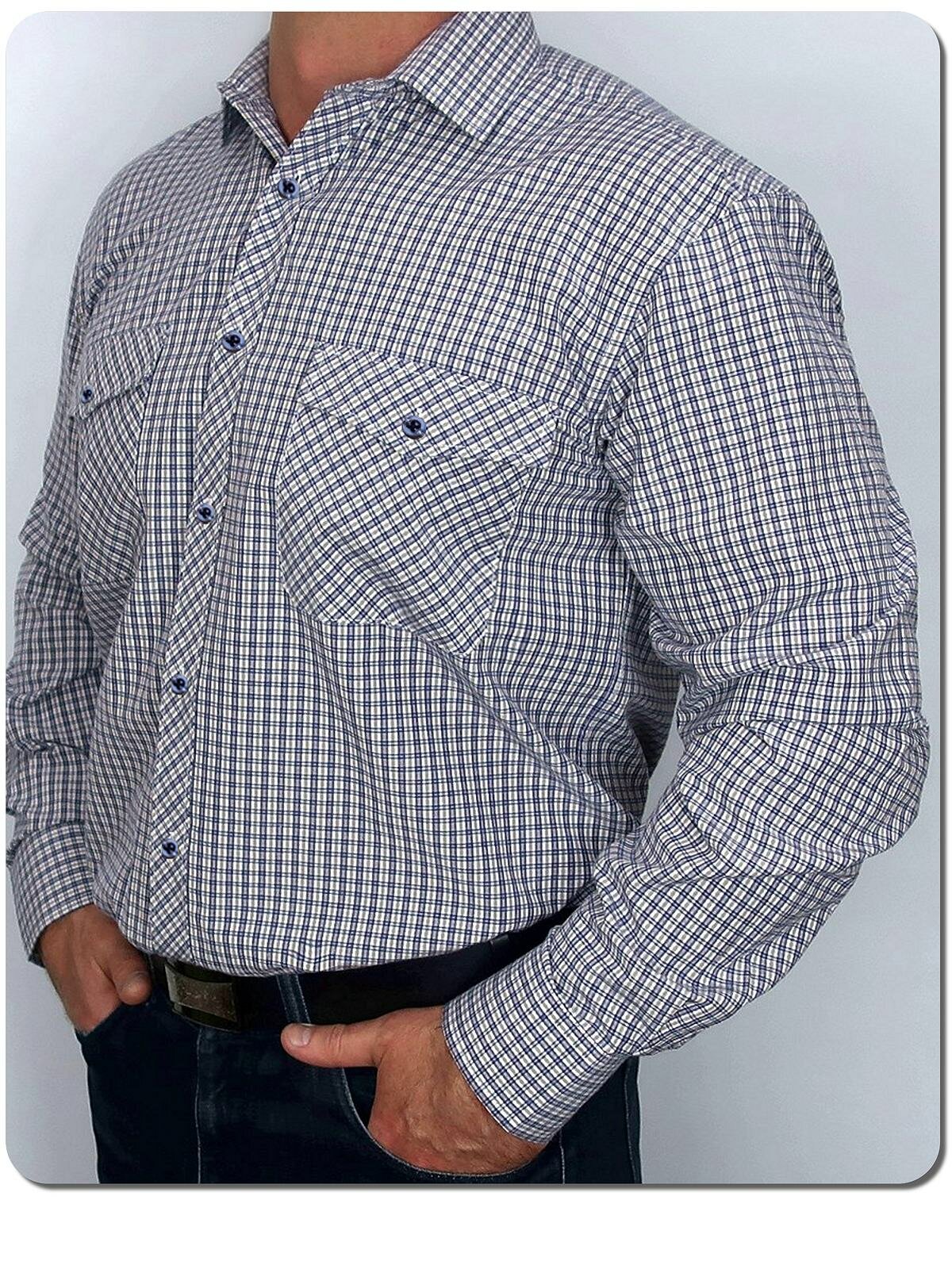 Рубашка Мужская рубашка с длинным рукавом прямая классическая, светлая сорочка на пуговицах, рубаха на любой сезон, серая клетка, с двумя карманами и клапанами, на любой сезон и на лето рубашка