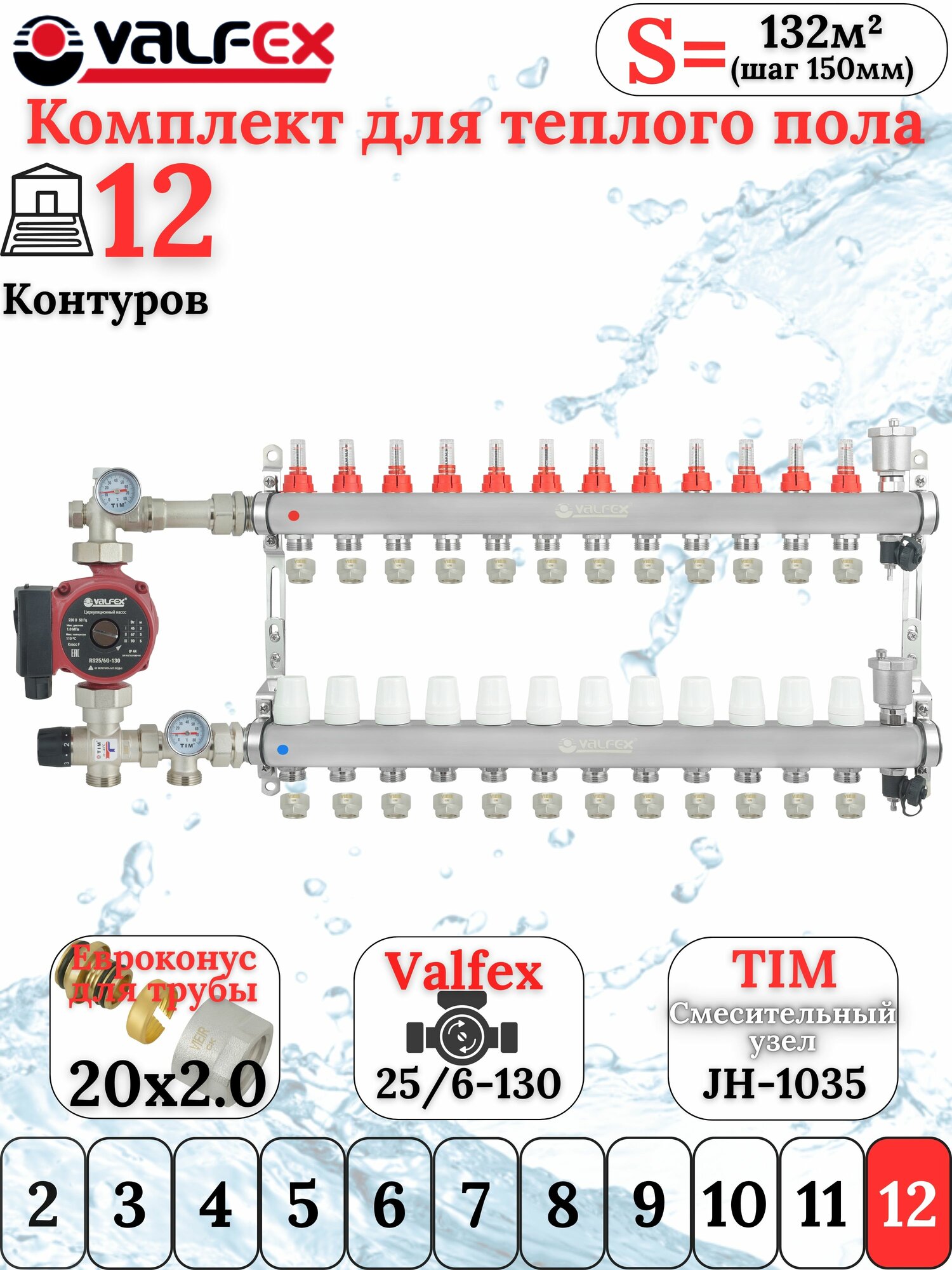 Комплект теплого пола на 12 выходов VALFEX (Коллектор на 12 контуров+Насос+ Евроконусы+Насосно-Смес. узел) до 140 кв. м