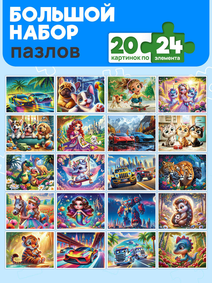 Пазлы микс 20 шт в шоубоксе по 24 элемента. Интересные пазлы (арт. П24-2498)